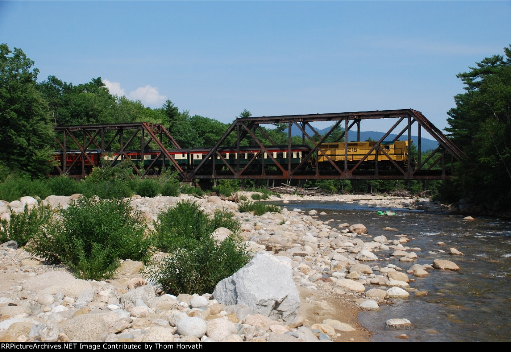 CSRR 216 leads an excursion across the Saco River on CSRR's 44th birthday